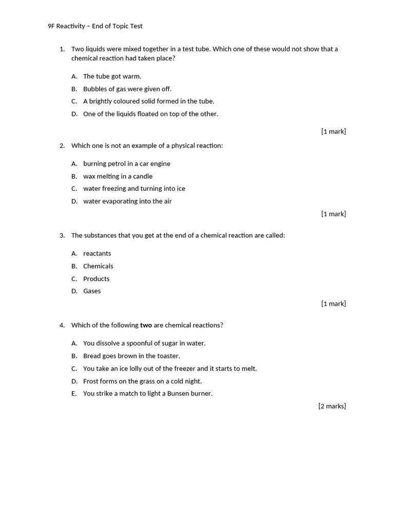 9F Reactivity Standard Test 2020-21 | PDF