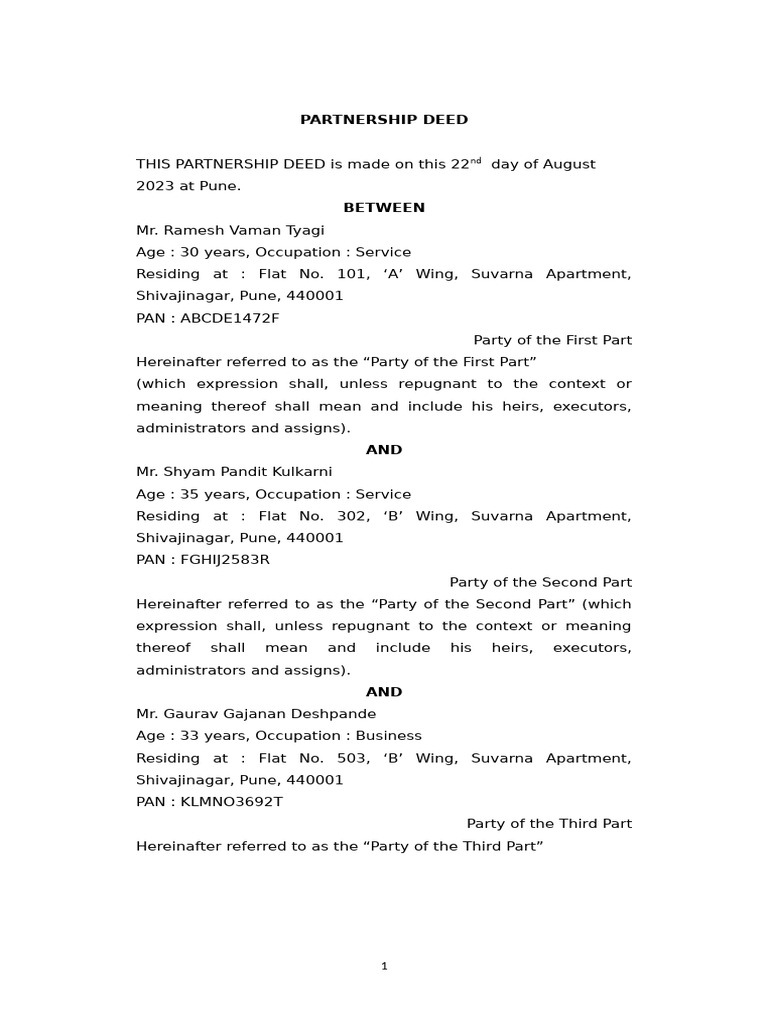 Partnership Deed | PDF
