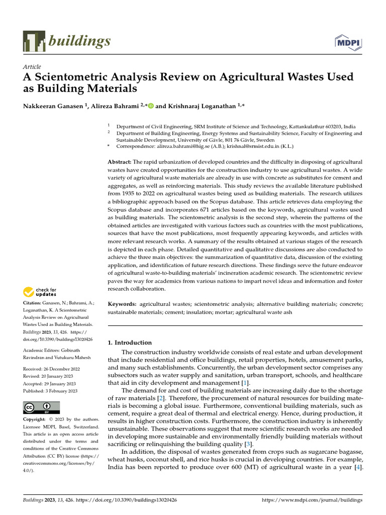 A Scientometric Analysis Review On Agricultural Wastes Used As Building ...