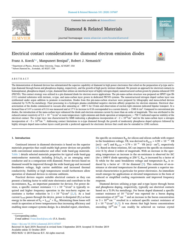 Electrical Contact Considerations For Diamond Electron Emission Diodes ...
