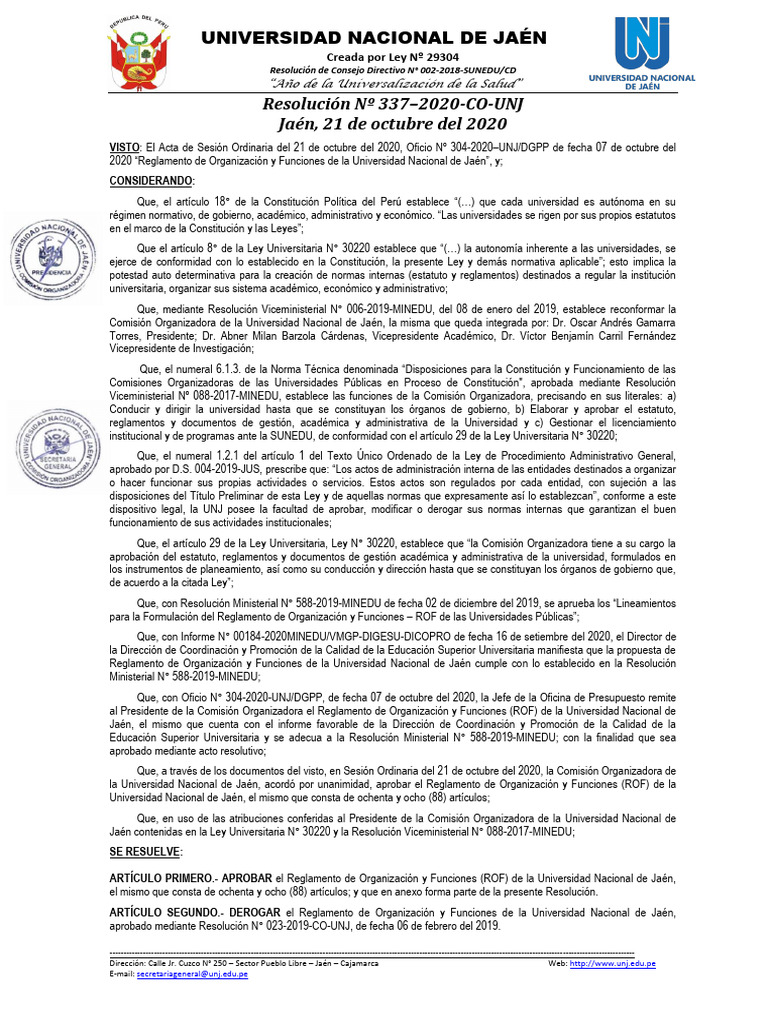 Reglamento de Organizacion y Funciones Rof de La Unj | PDF