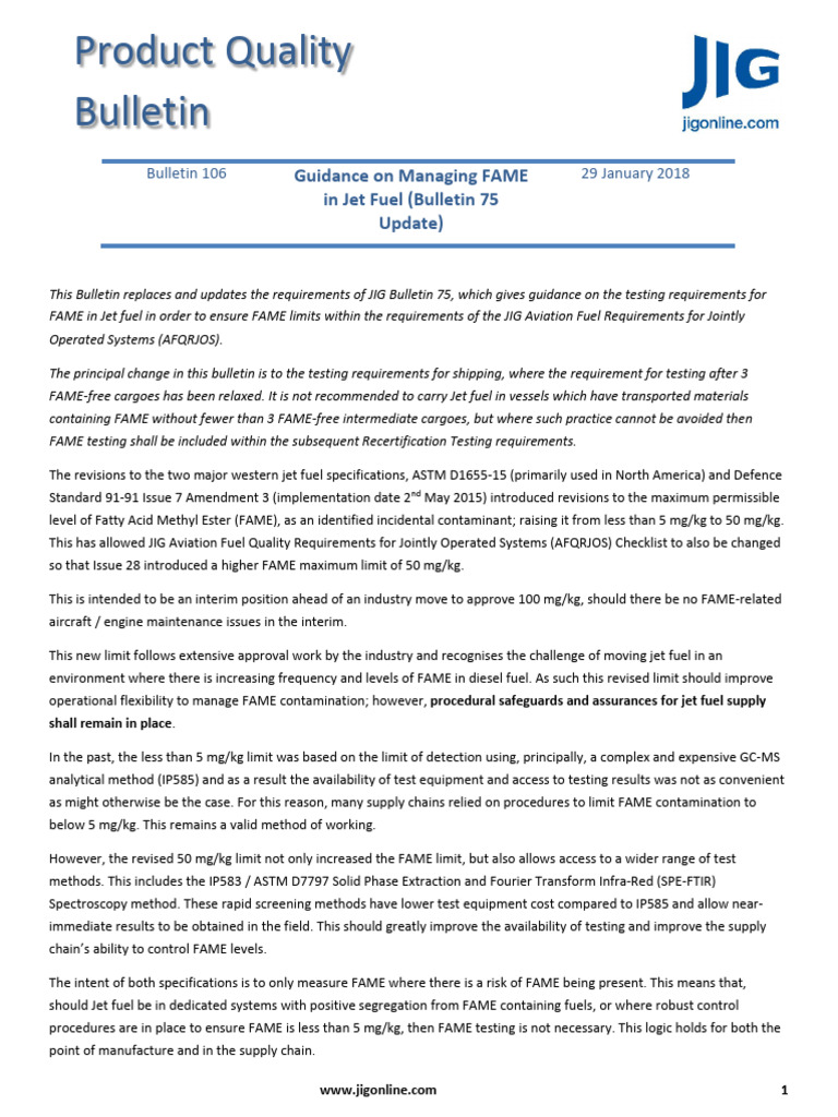 Bulletin 106 Guidance On Managing FAME in Jet Fuel Bulletin 75 Update | PDF