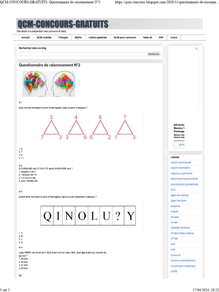 QCM-CONCOURS-GRATUITS Questionnaire de Raisonnement N°216 | PDF