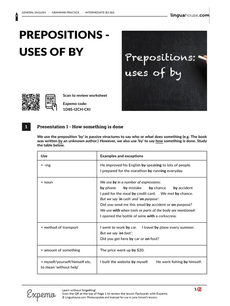 Prepositions Uses of by British English Teacher | PDF