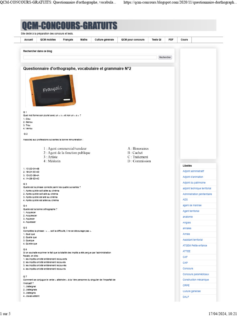 QCM-CONCOURS-GRATUITS Questionnaire D'orthographe, Vocabulaire Et Grammaire N°212 | PDF