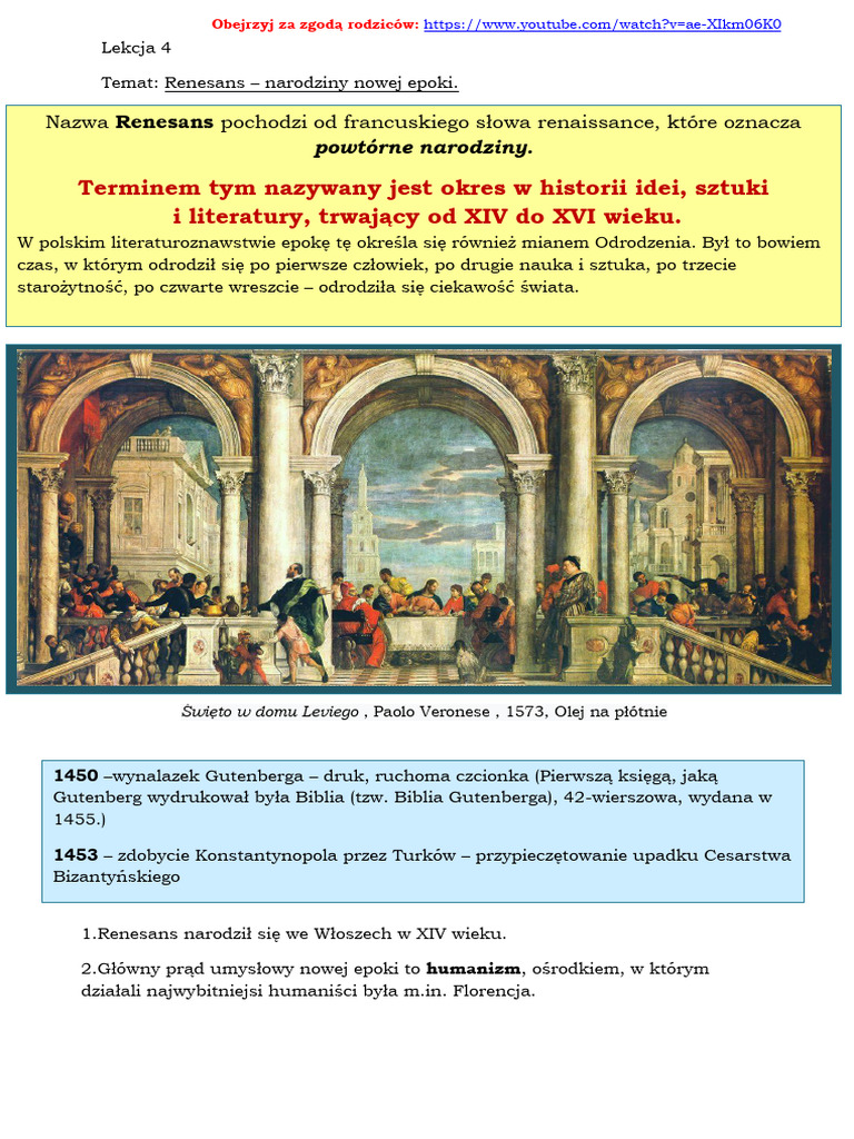 Lekcja 4 Renesans - Narodziny Nowej Epoki. Klasa 6 | PDF