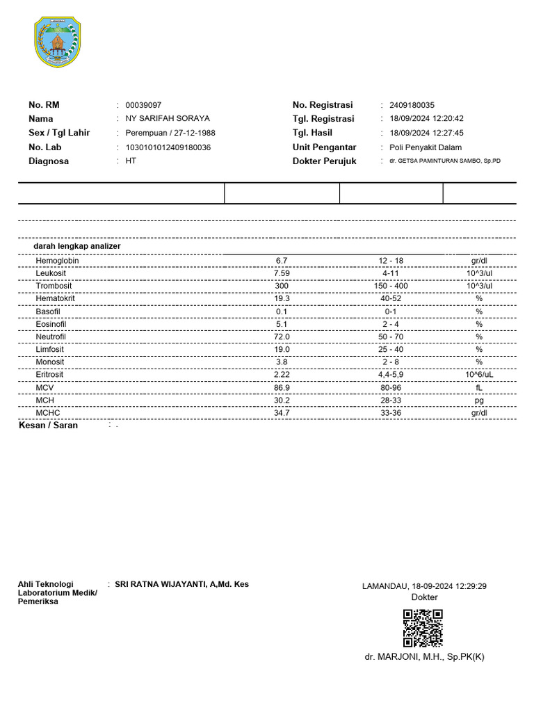 Hasil Lab Darah Lengkap dan Normal | PDF | Hematology | Blood