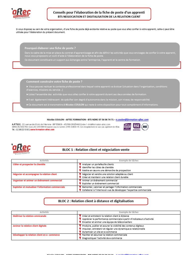 Conseils Fiche de Poste BTS NDRC Orléans 2024 | PDF