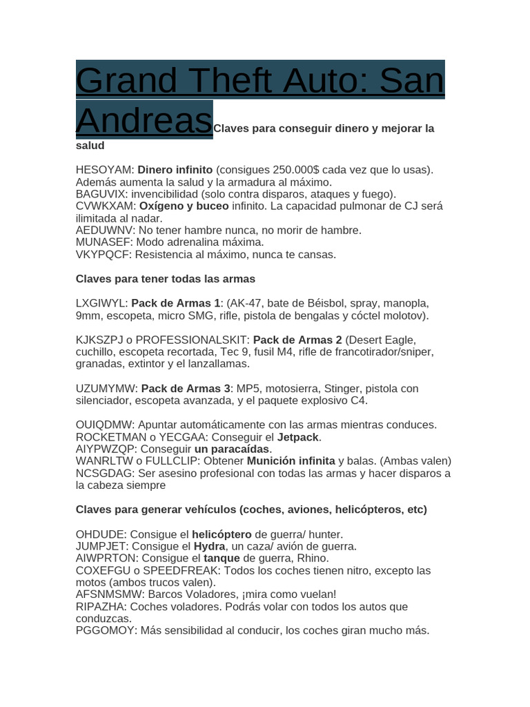 Trucos de Gta San Andreas para PC | PDF