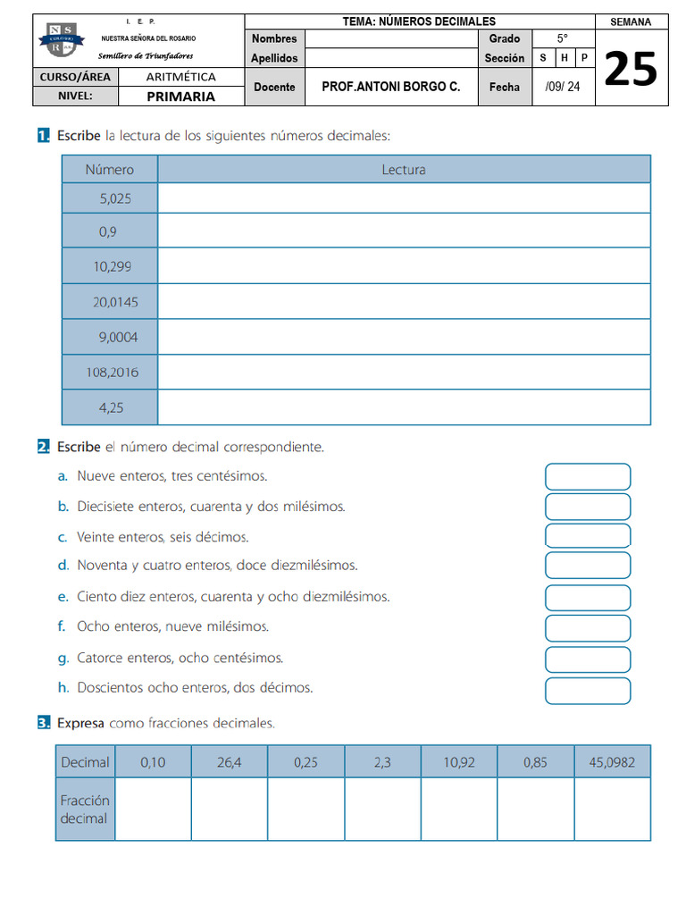 Numeros Decimales5to-Arit | PDF