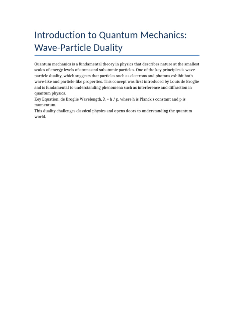 Introduction To Quantum Mechanics Wave Particle Duality | PDF