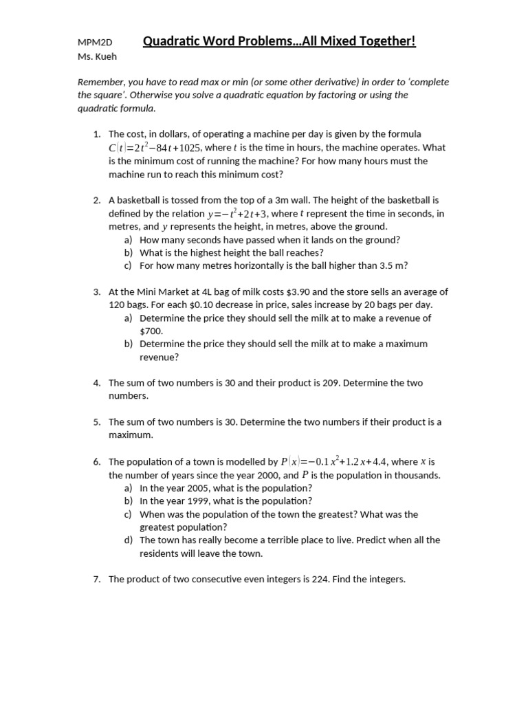 Lesson 10 Solving Quadratics Mixed Worksheet | PDF