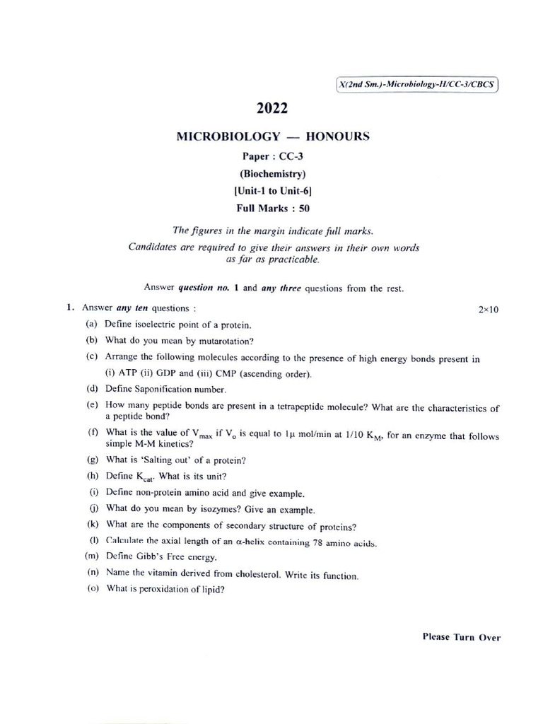 CU-2022 B.Sc. (Honours) Microbiology Semester-2 Paper-CC-3 QP | PDF