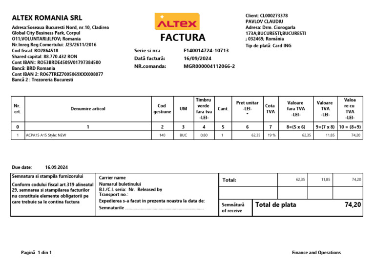 Factura: Altex Romania SRL | PDF