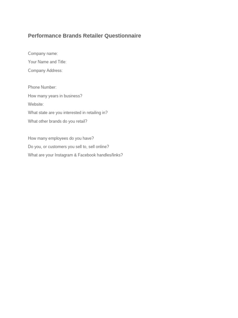 Performance Brands Retailer Questionnaire | PDF