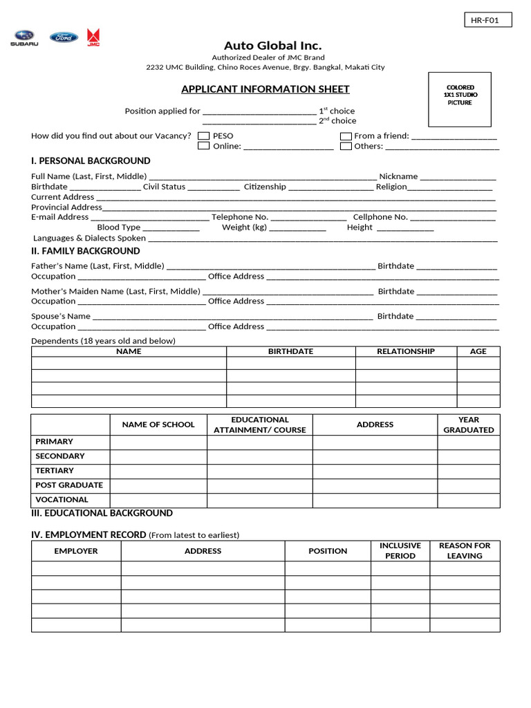 JMC Applicant Information Sheet | PDF