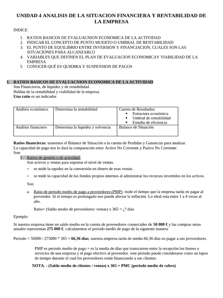 Unidad 4 Analisis de La Situacion Financiera y Rentabilidad de La Empresa | PDF | Liquidez de ...
