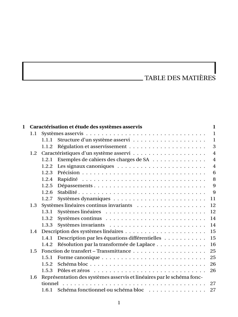 Table Des Matières: 1 Caractérisation Et Étude Des Systèmes Asservis 1 ...