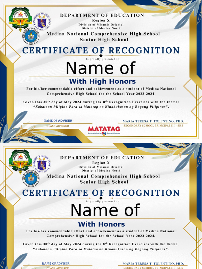 8th-Recognition-Reading-of-Honors-CERTIFICATE-EDITABLE | PDF