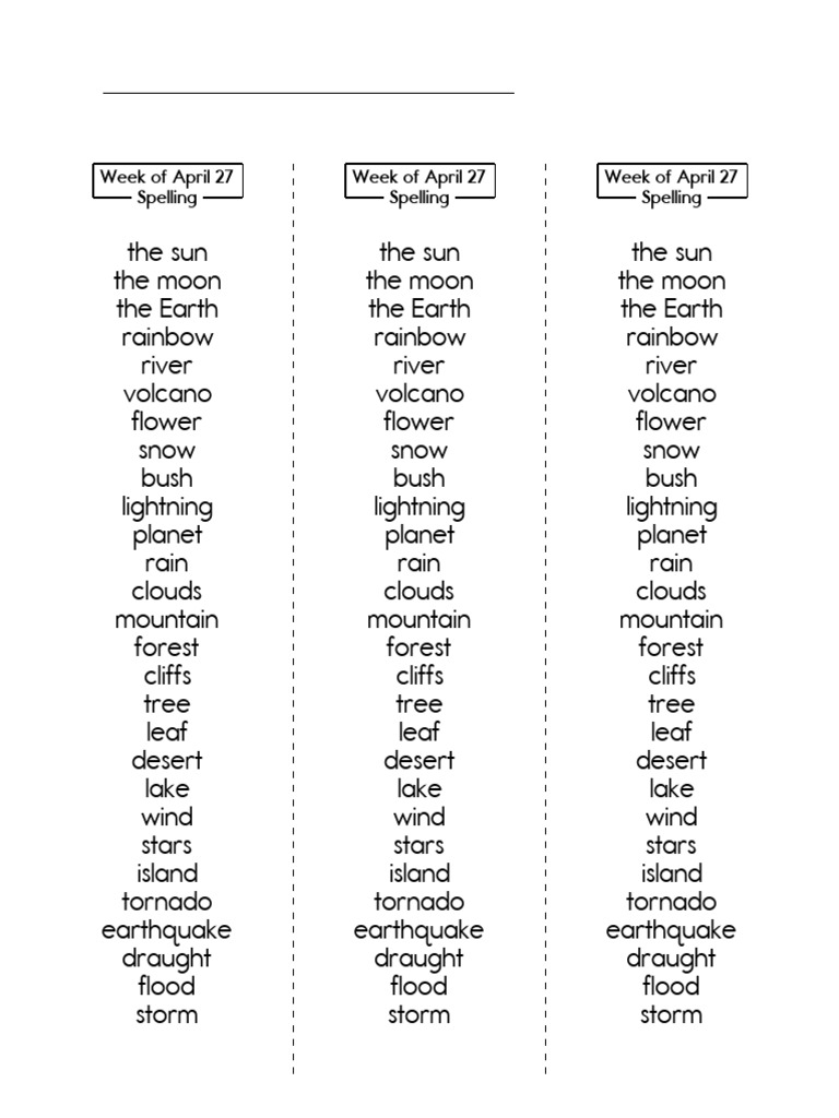 Homework Spelling - Nature Words | PDF