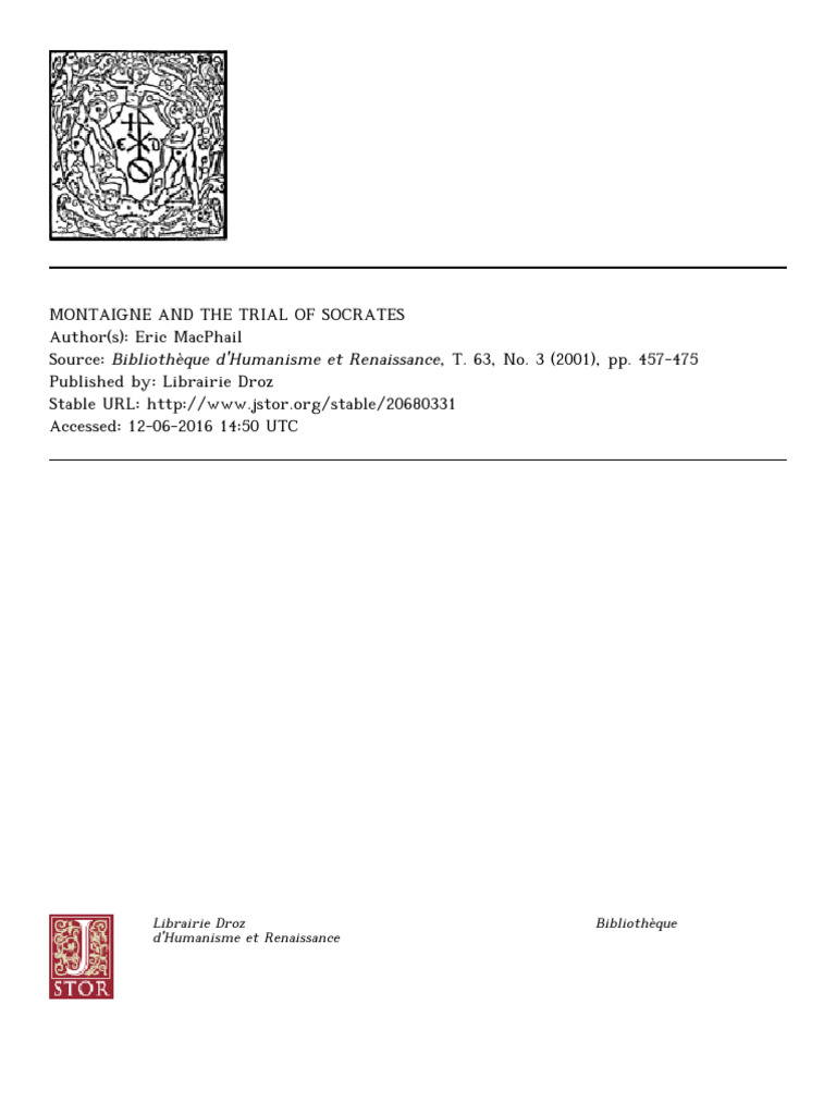 Montaigne and The Trial of Socrates. Eric MacPhail | PDF