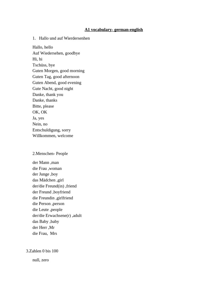 A1 german vocabulary | PDF