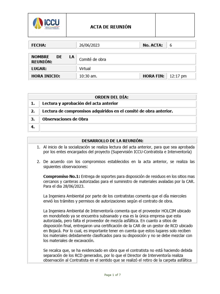 Acta de Reunión No.006 | PDF