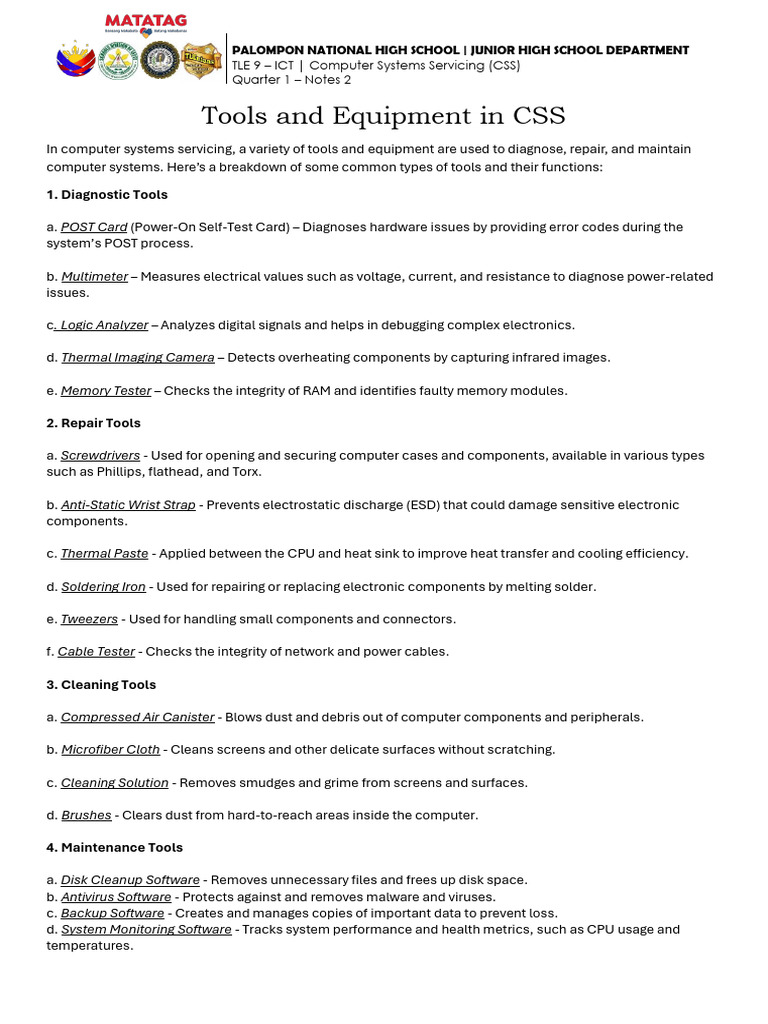 TLE ICT CSS - Q1 Notes 2 - Tools and Equipment | PDF | Computer ...