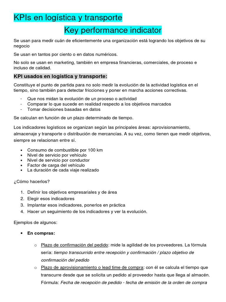 KPIs - EN LOGISTICA Y TRANSPORTE | PDF | Indicador de rendimiento ...