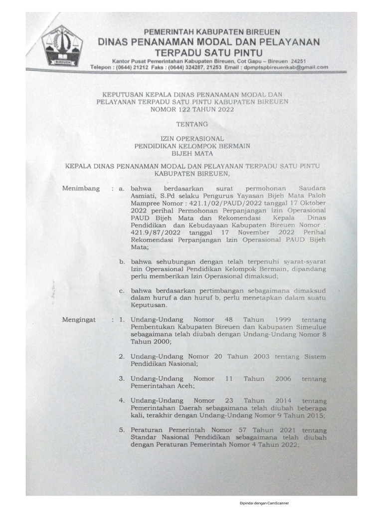 Izin Operasional Bijeh Mata | PDF