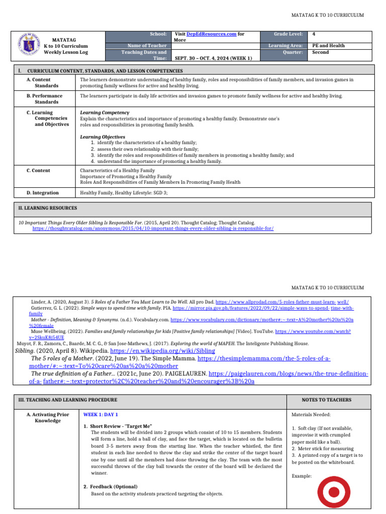 DLL Matatag - Pe & Health 4 q2 Week1-2 | PDF