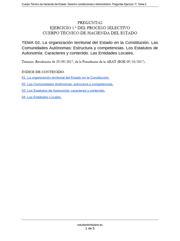 Preguntas Ejercicio 1.º Tec Hacienda - TEMA 02 Constitucional-Admin | PDF