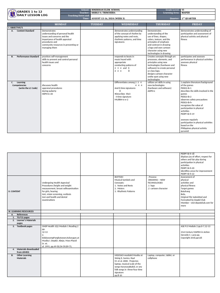 DLL - Mapeh 6 - Q1 - W3 | PDF