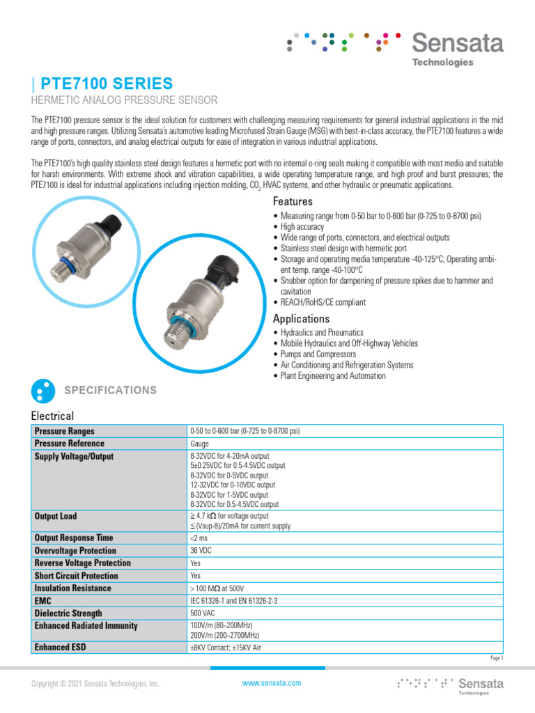 Pte7100 Series: Hermetic Analog Pressure Sensor | PDF