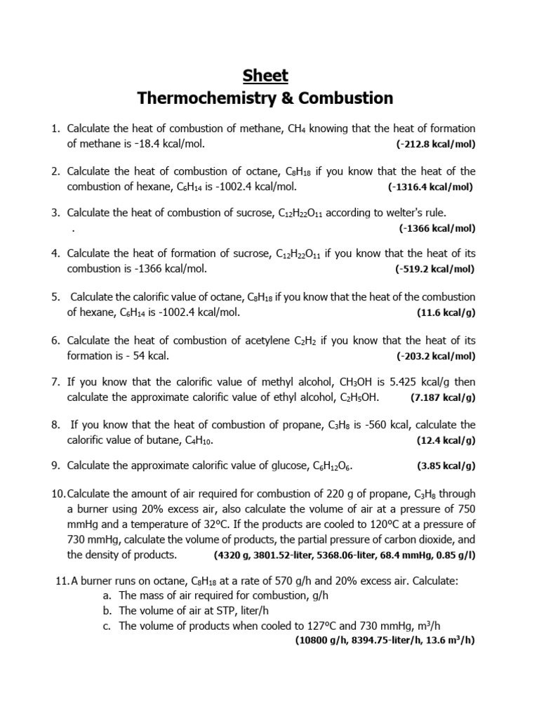 Sheet Thermochemistry and Combustion | PDF