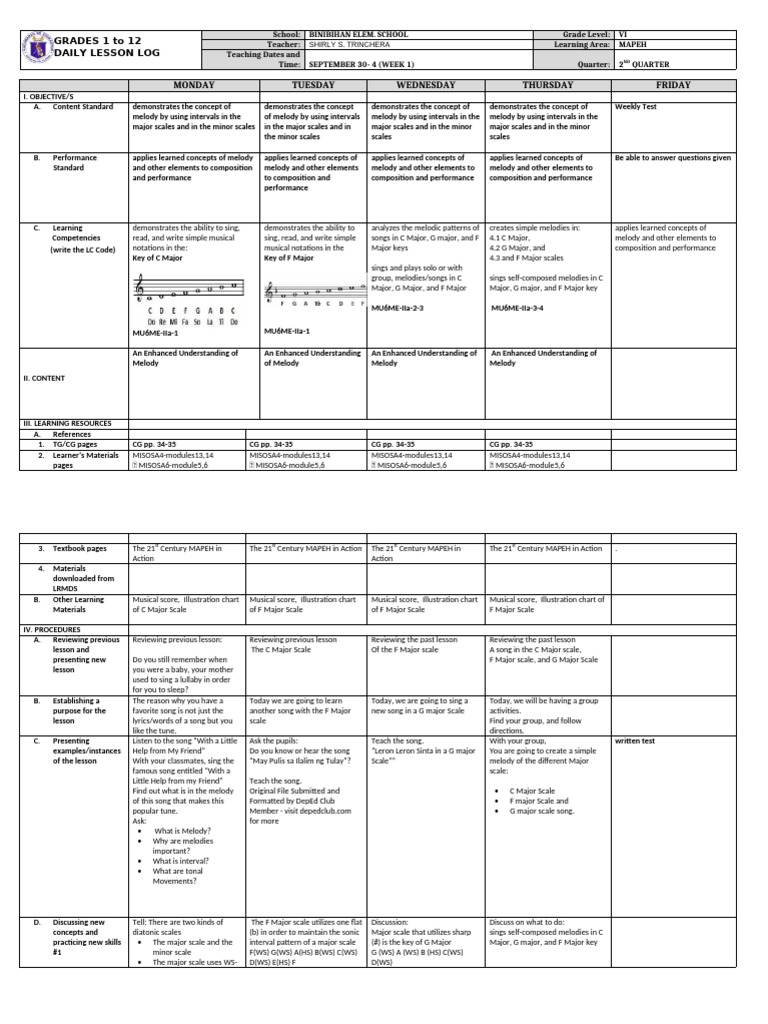 DLL - Mapeh 6 - Q2 - W1 | PDF
