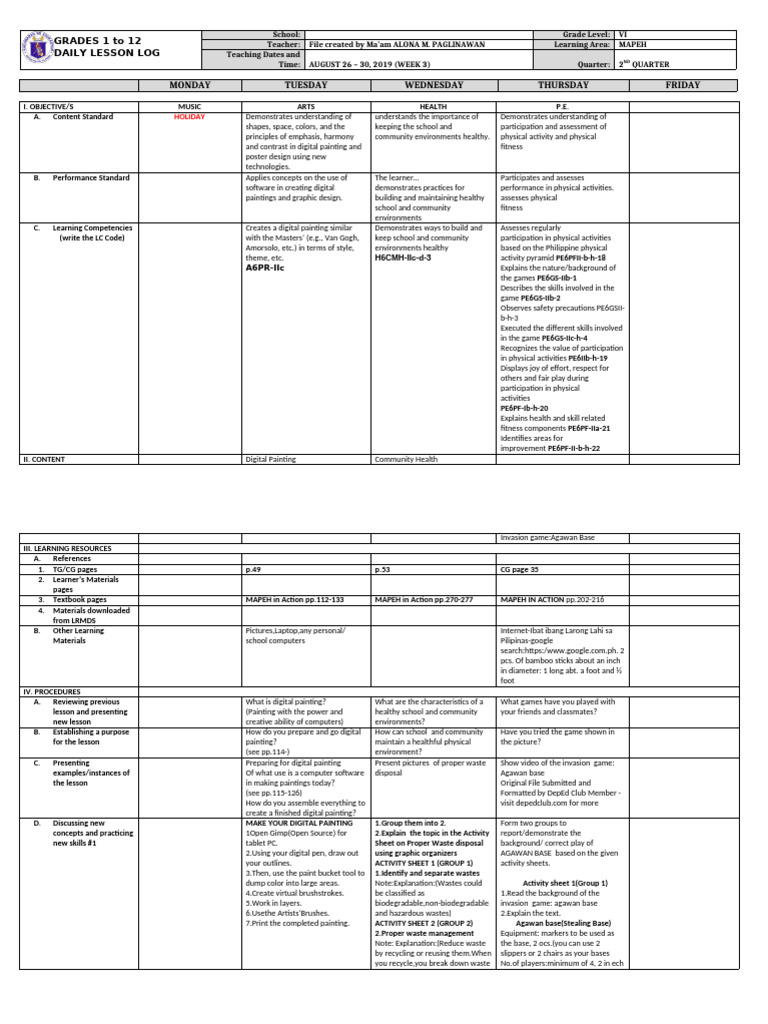 DLL - Mapeh 6 - Q2 - W3 | PDF