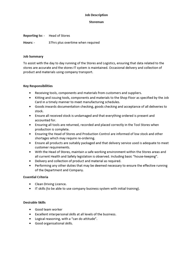 Job Description Storeman May 2017 | PDF