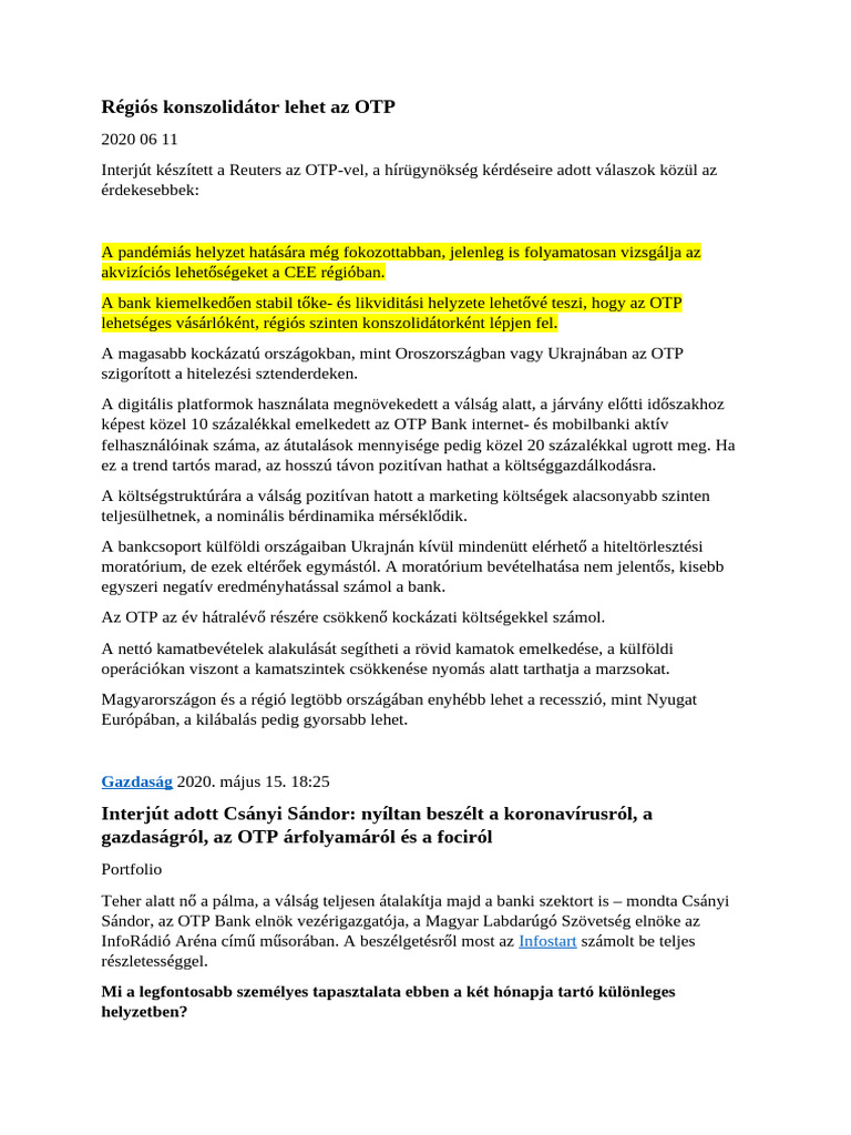 2020 - 05 - 18 Csányi Az OTP-ről | PDF