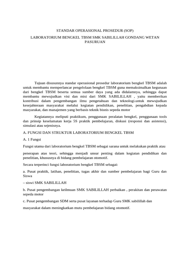 Standar Operasional Prosedur Laboratorium Bengkel TBSM | PDF
