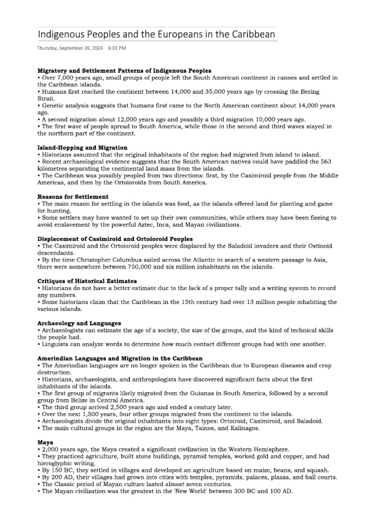 Indigenous Peoples and The Europeans in The Caribbean 26.9.24 | PDF