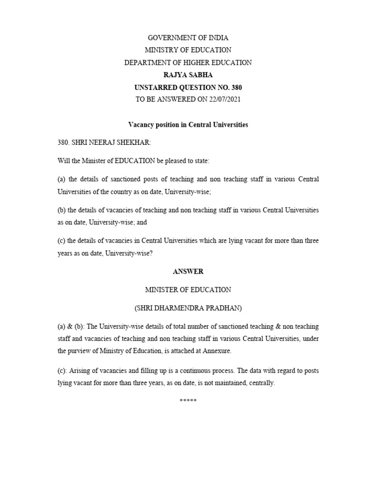 Rajya Sabha Unstarred Question No. 380 | PDF