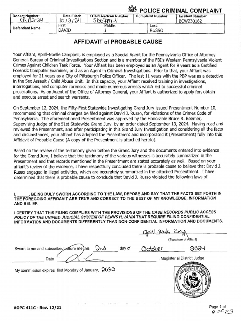 David Russo Criminal Complaint and Presentment | PDF