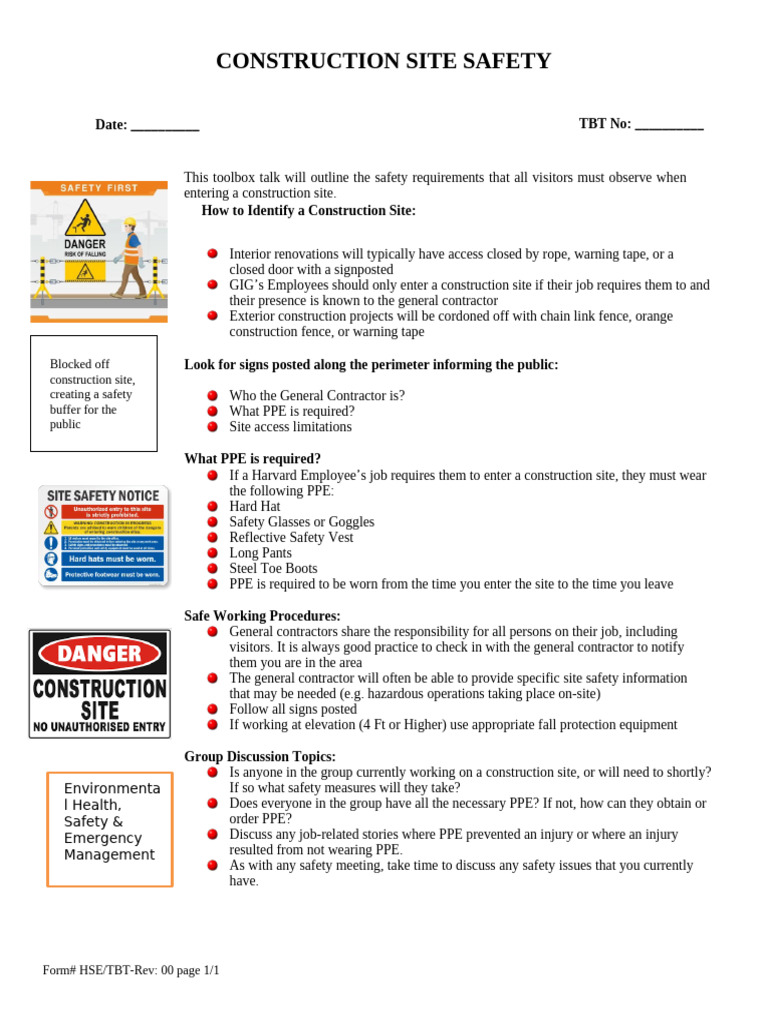 Construction Worksite Safety Toolbox Talks | PDF