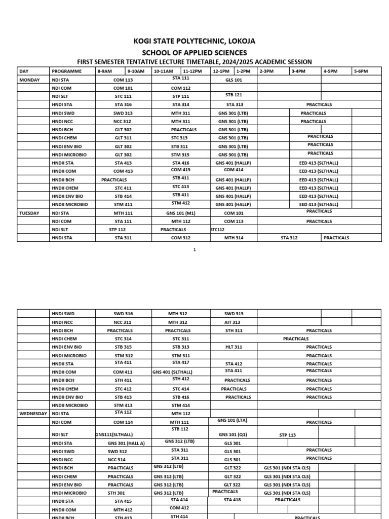 Tentative First Semester Lecture Timetable, 2024 - 2025 | PDF