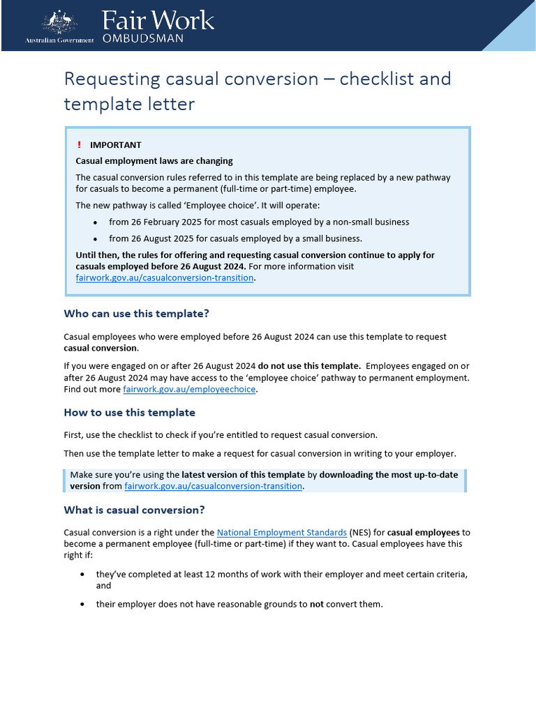 Requesting Casual Conversion Checklist and Template Letter Sts | PDF