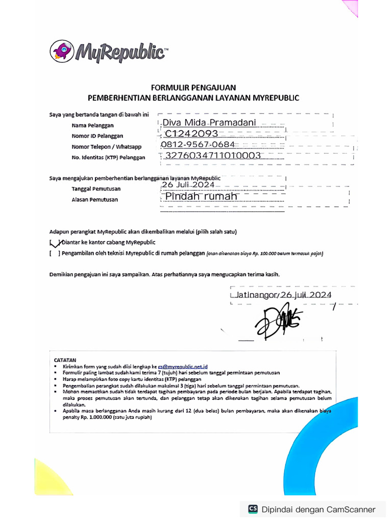 Fom Pemutusan Berlangganan MyRepublic | PDF