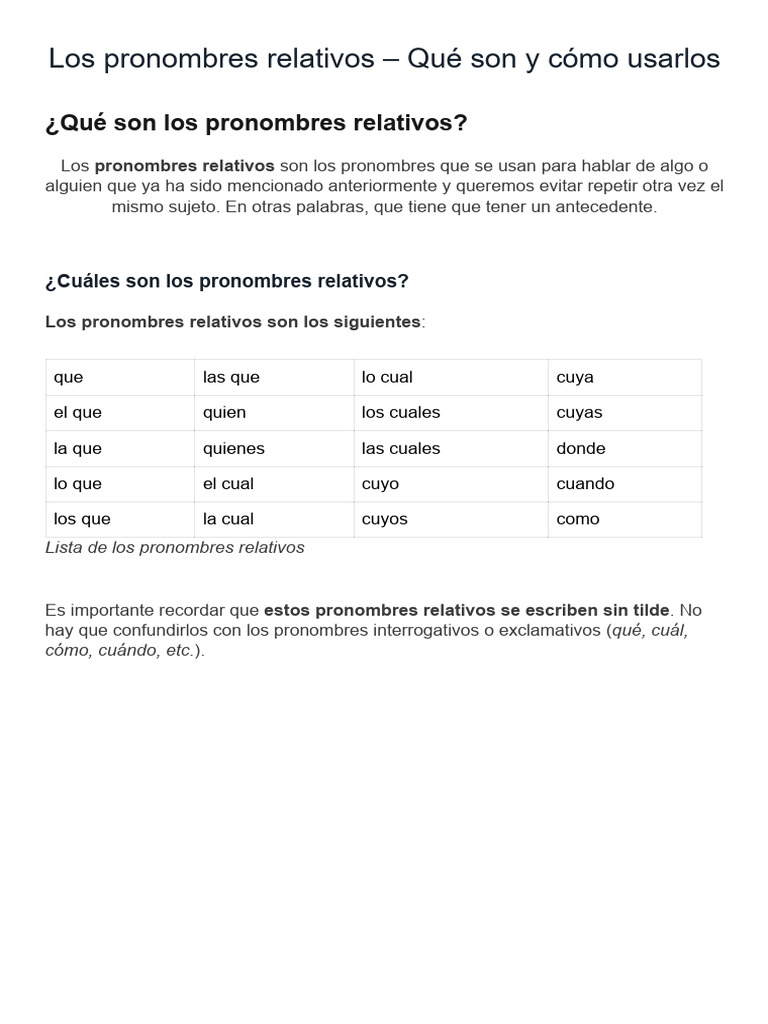 LOS PRONOMBRES RELATIVOS - Actividades y Ejemplos | PDF