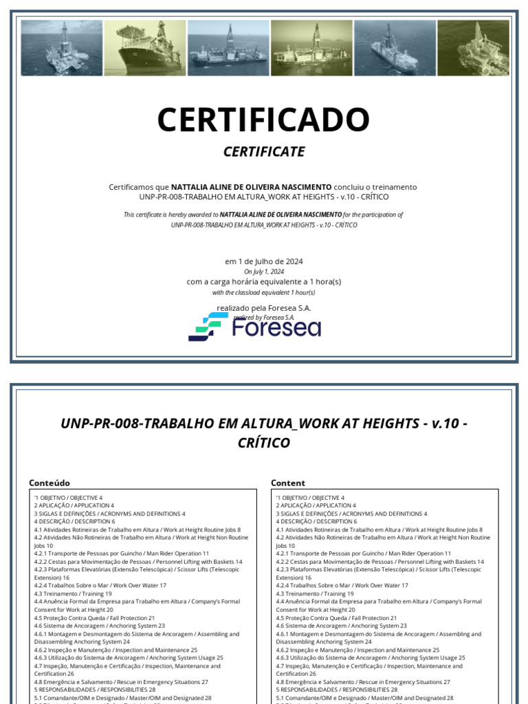 Certificado - UNP-PR-008-TRABALHO EM ALTURA - WORK AT HEIGHTS - v.10 - CRITICO | PDF