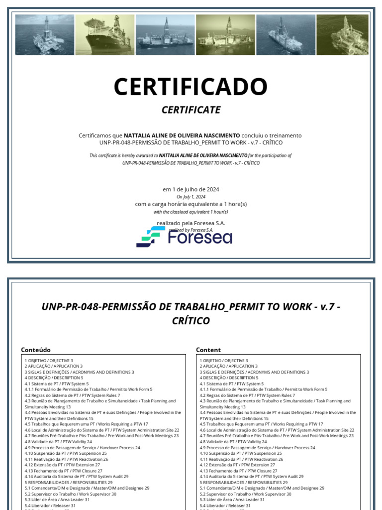 Certificado - UNP-PR-048-PERMISSAO DE TRABALHO - PERMIT TO WORK - v.7 - CRITICO | PDF